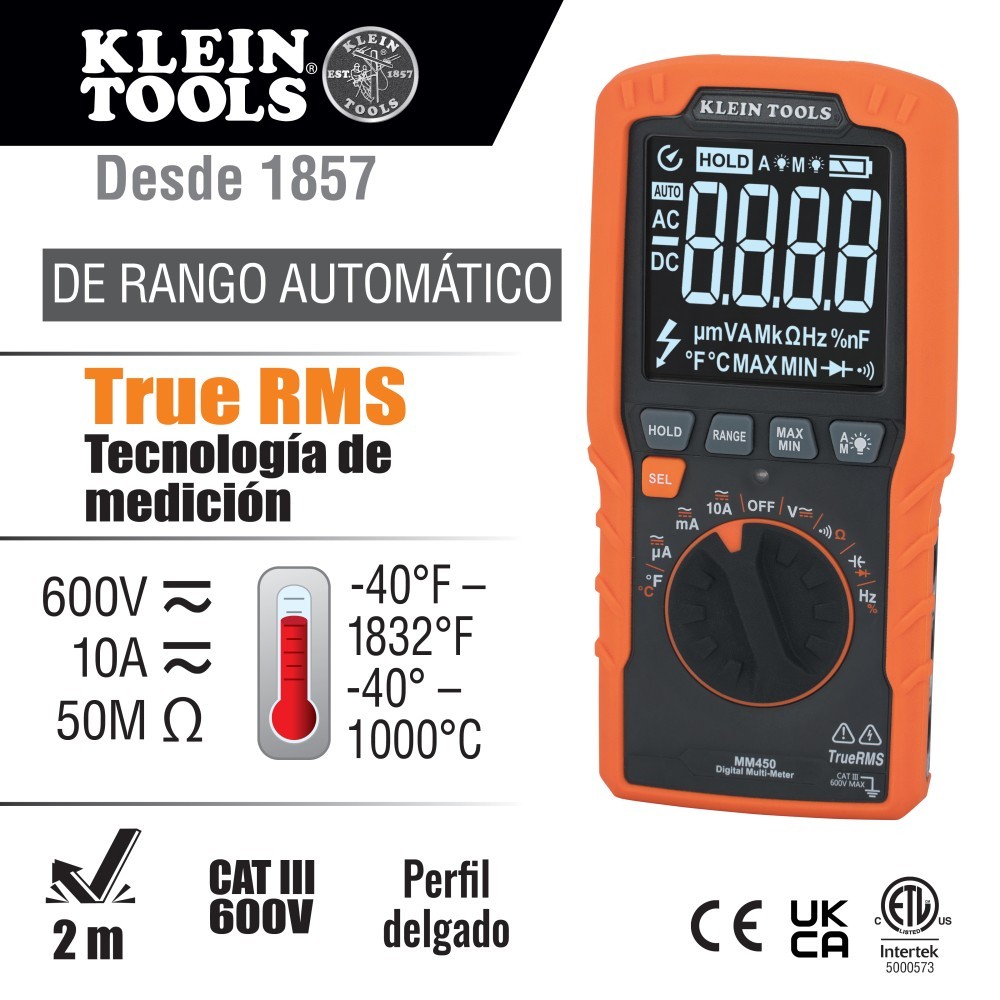 Multímetro digital delgado, de rango automático con TRMS, 600 V ...